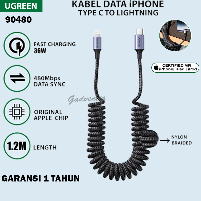 Jual UGREEN Cable Charger Spring Type C To Lightning Kabel Data PD Fast ...