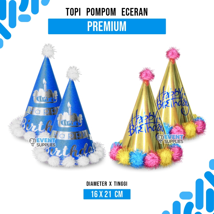 Jual [Satuan] Topi Kerucut Pom-pom Premium Ulang Tahun / Topi Birthday ...