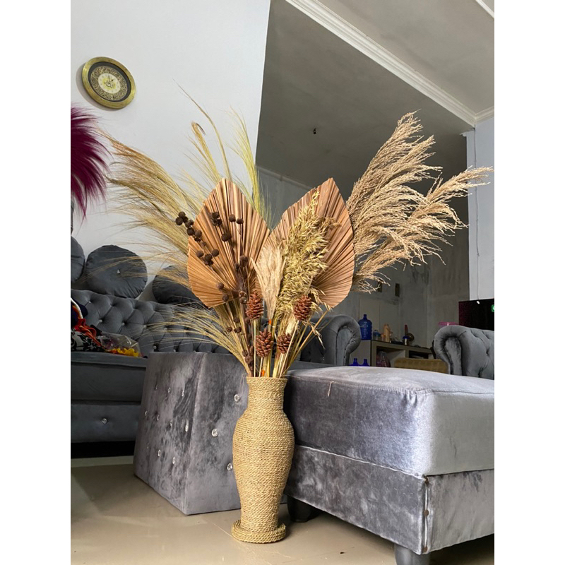 Jual Paket Bunga Kering dan Pot Guci Tinggi 50cm / Daun Palem Kering ...