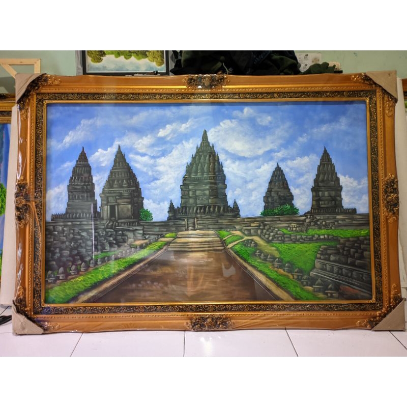 Jual Lukisan candi Prambanan Ukuran 135cm x 85cm sudah full pigura kayu ...