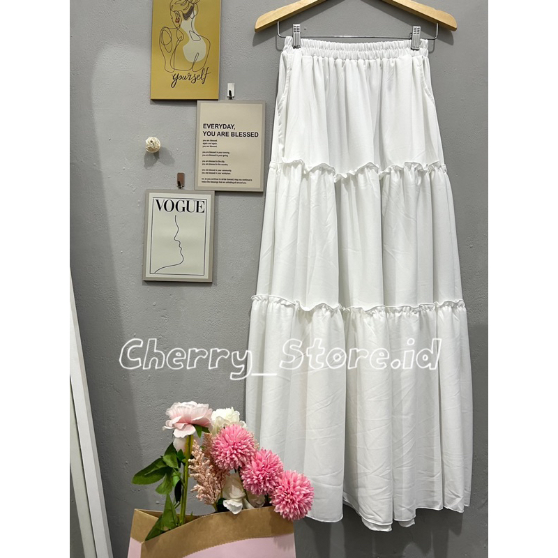 Jual Cherry_ rok rempel beraksen 3 susun | ruffle long skirt korean ...