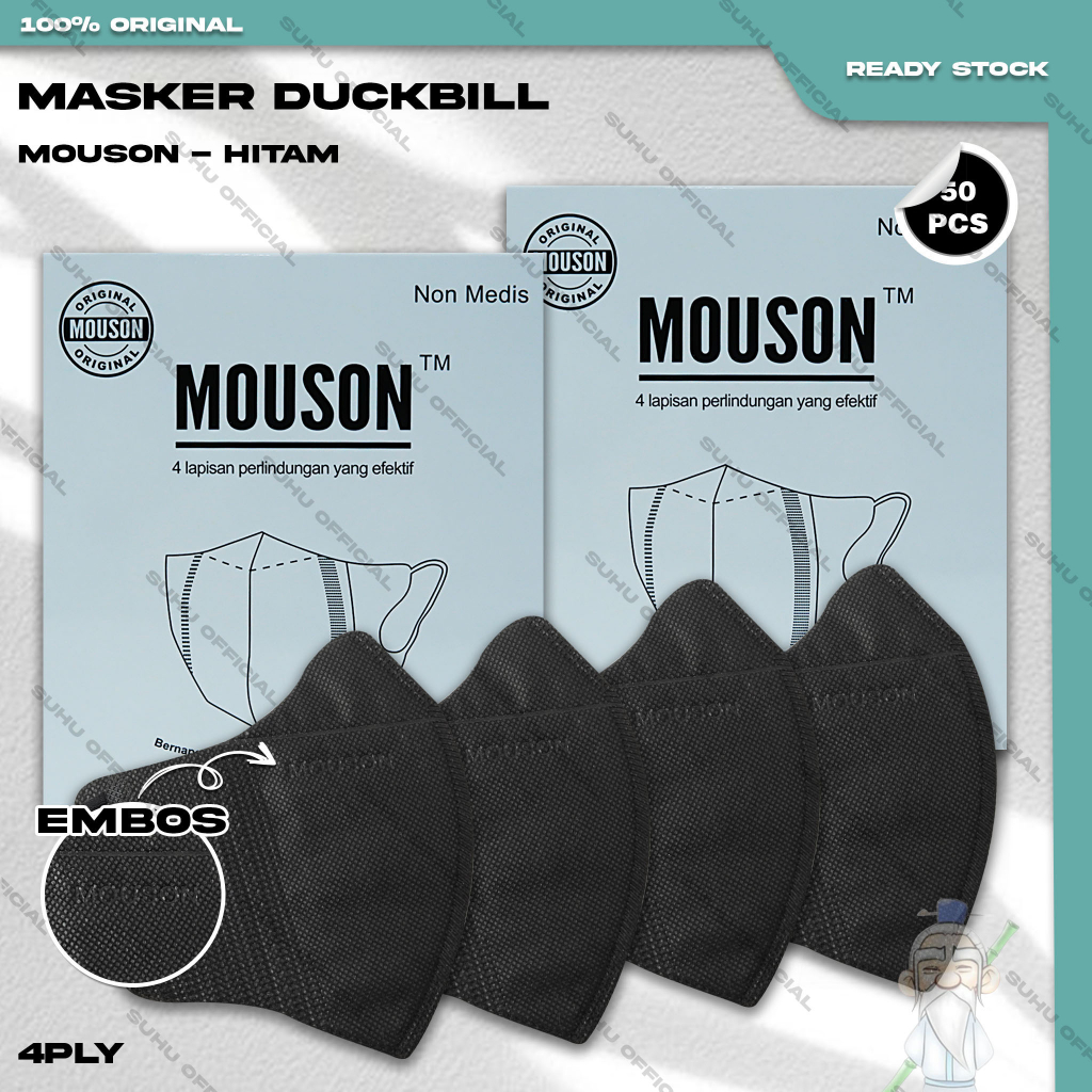 Jual Masker Duckbil MOUSON 4Ply isi 50Pcs Warna Black Hitam 4 Ply ...