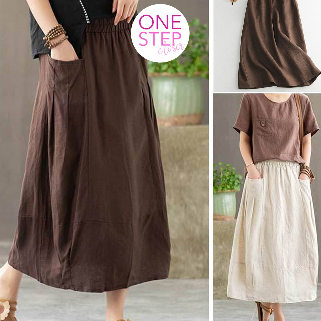 Jual Rok Wanita Linen Aish Skirt A-Line Pinggang Karet Big Size ...