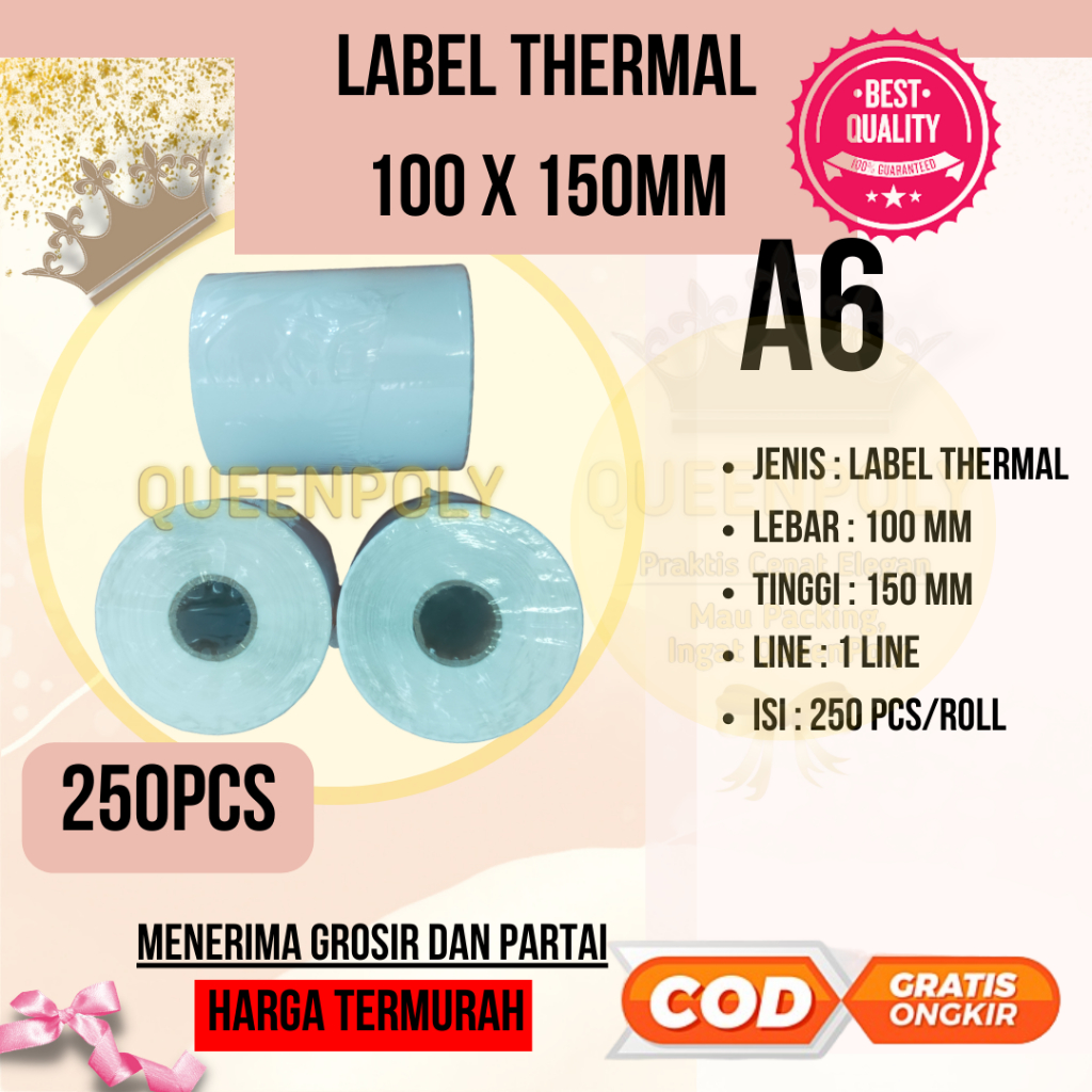 Jual Kertas Thermal Stiker Label Resi Sticker Label Barcode Roll ukuran A6 100x150 mm isi 250pcs ...
