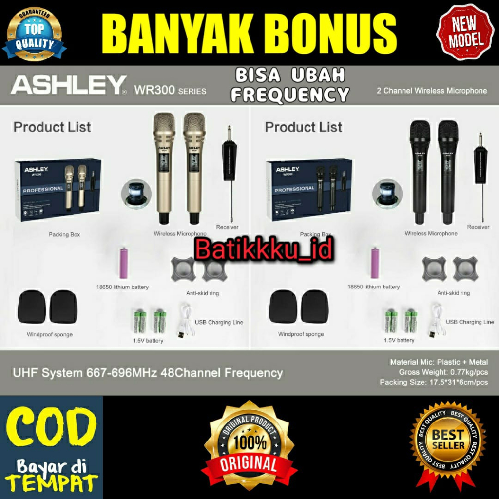 Jual Mic Wireless ASHLEY WR 300 WR300 ORIGINAL 2 MIC BISA UBAH ...