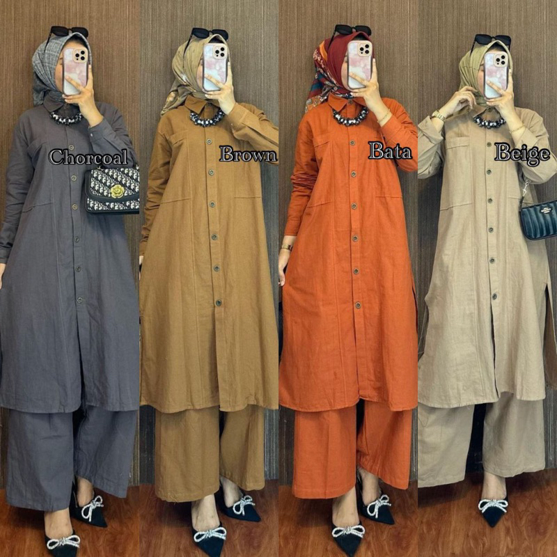 Jual one set polo linen setelan long tunik full kancing | Shopee Indonesia