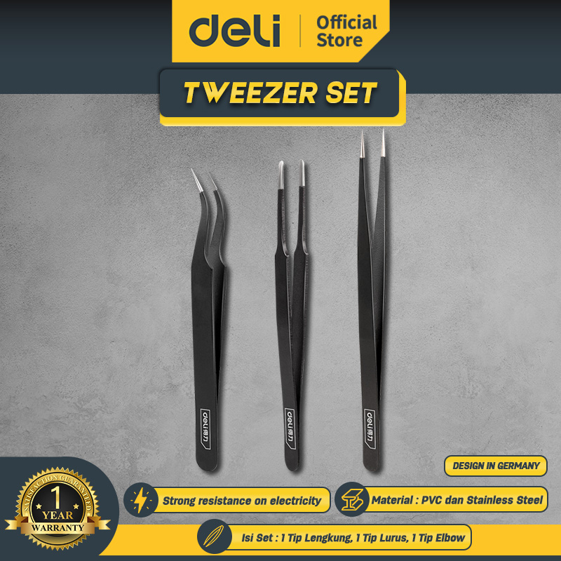 Jual Deli Tweezer Set / Set Pinset Isi 3 Stainless Steel Perkakas ...
