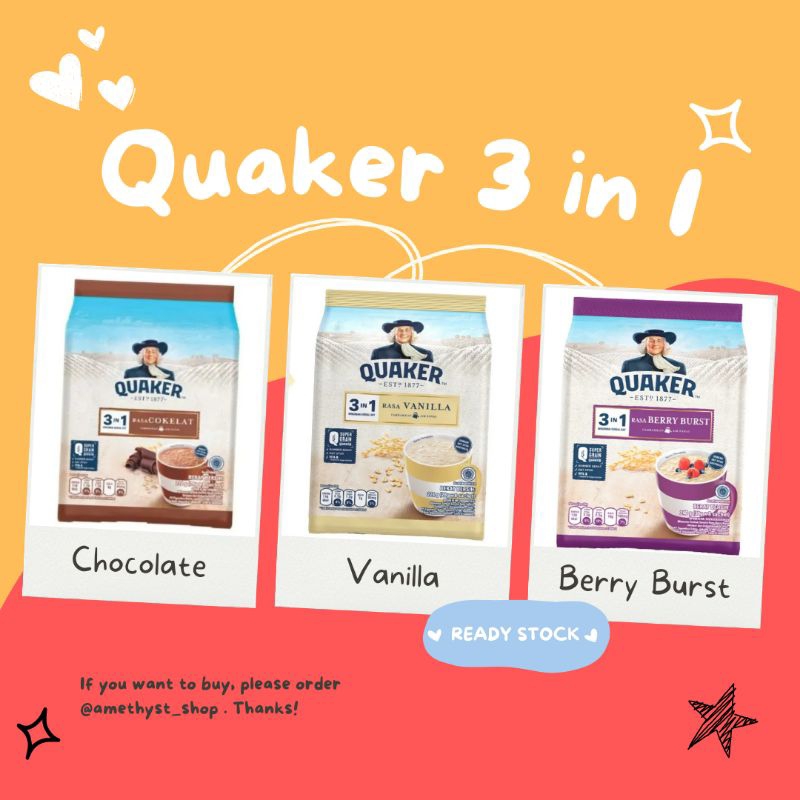 Jual [QUAKER] 3 in 1 Rasa Vanilla, Coklat Chocolate, Berry Burst ...