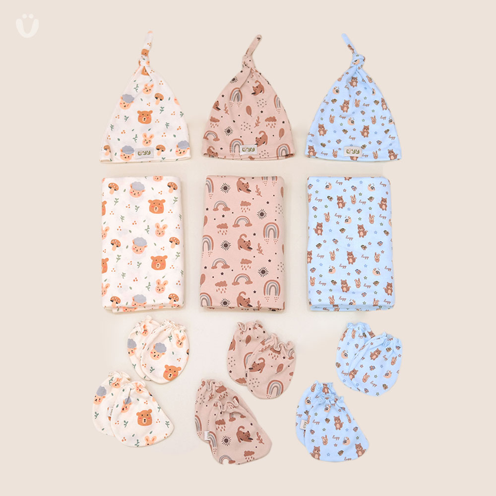 Jual Luyy (Swaddle Package) Paket Bedong Bayi dengan Knot Hat Mix Motif ...