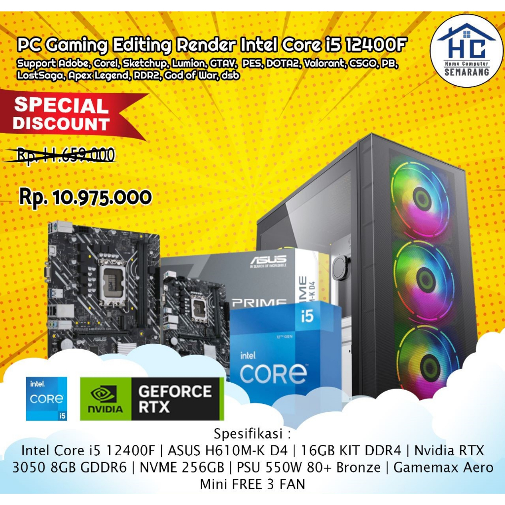 Jual PC Custom Gaming Editing Render Intel Core i5 Gen 12 RAM 16GB SSD ...