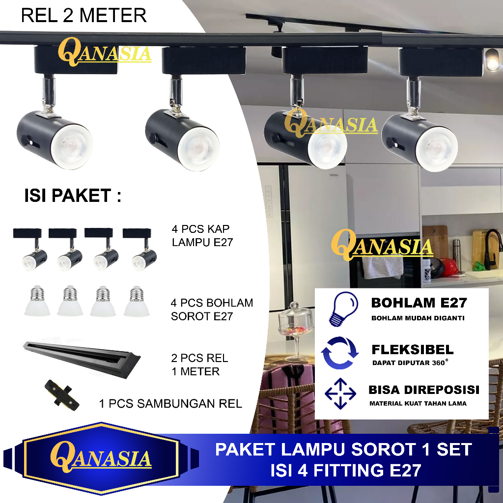 Jual Set 4 Lampu Sorot Rel 2M E27 MR16 Spotlight Tracklight LED Bisa Ganti Bohlam | Untuk Rumah ...