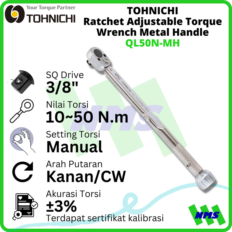 Jual Kunci Torsi TOHNICHI SQ 3/8" Adjustable Torque Wrench QL50N-MH 10 - 50Nm Metal Handle ...