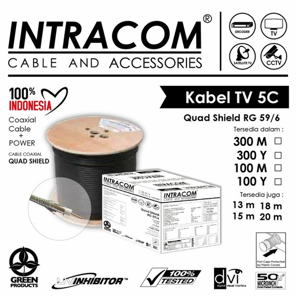Jual Kabel Antena TV 100/300 Yard/Meter+ Jack TV 5C RG6 Coaxial INTRACOM | Shopee Indonesia