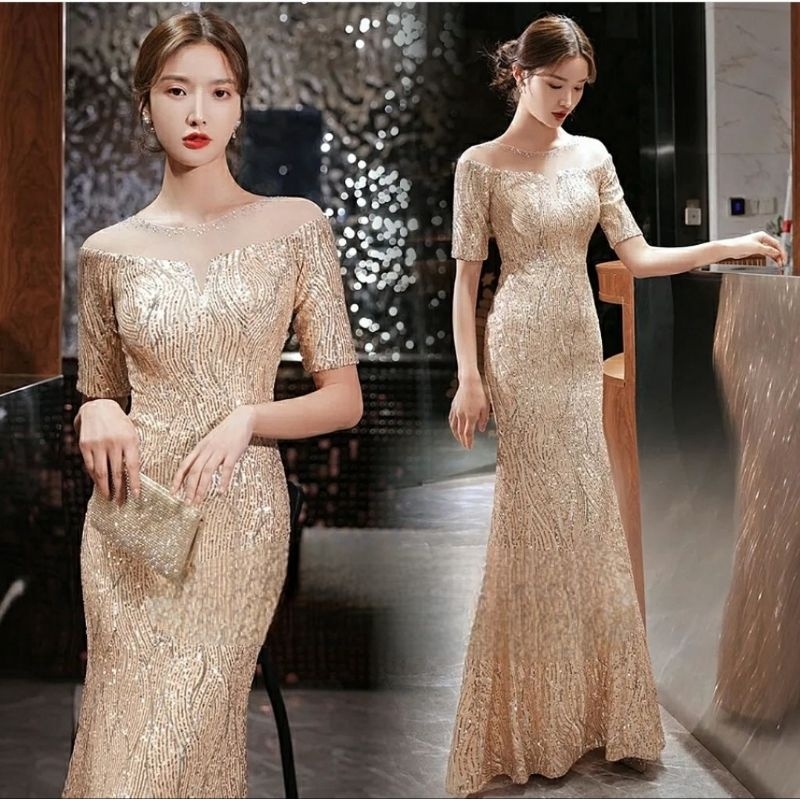 Jual sabrina long dress glitter blink manik shimmering long gown sequin ...