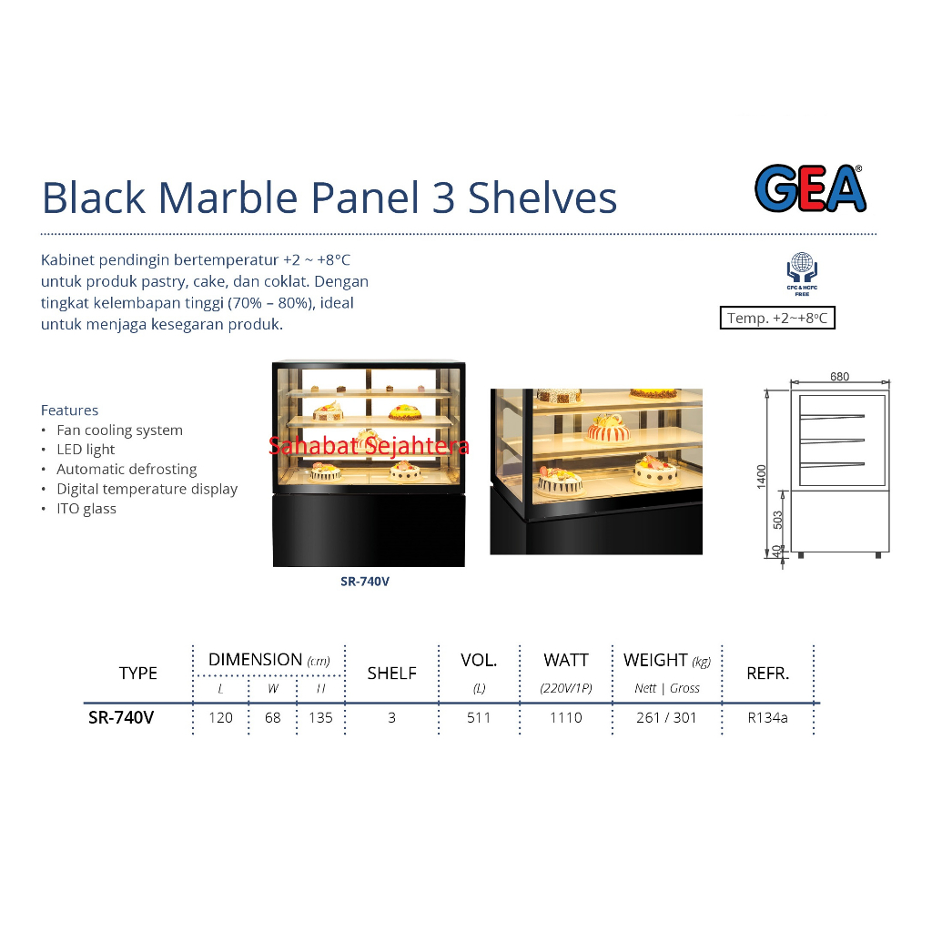 Jual GEA Rectangular Cake Showcase Black Marble SR-740V Kabinet Display Pendingin Pajangan Kue ...