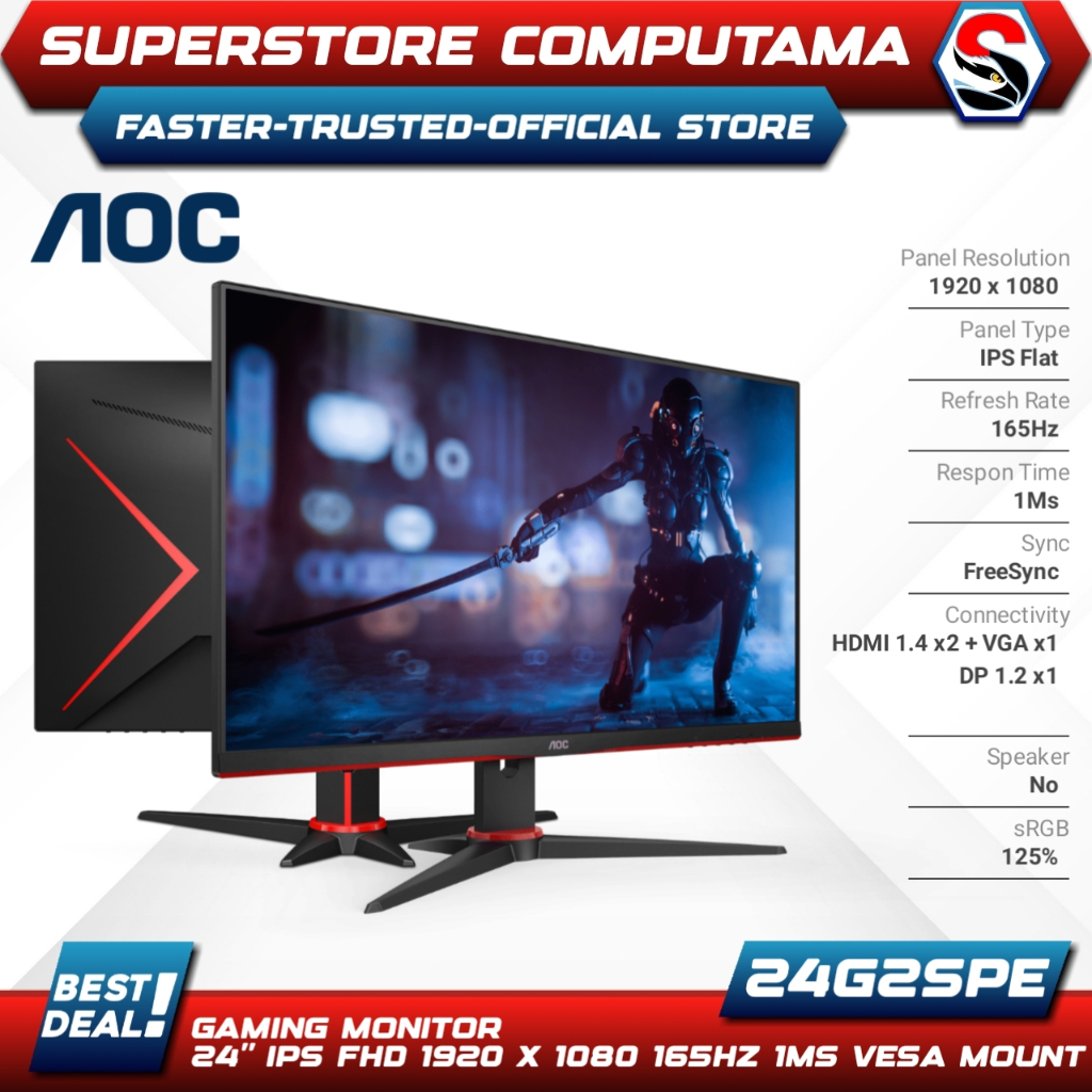 Jual Monitor LED AOC 24G2SPE 24" IPS FHD 165Hz 1MS 300cdm VGA HDMI DP ...