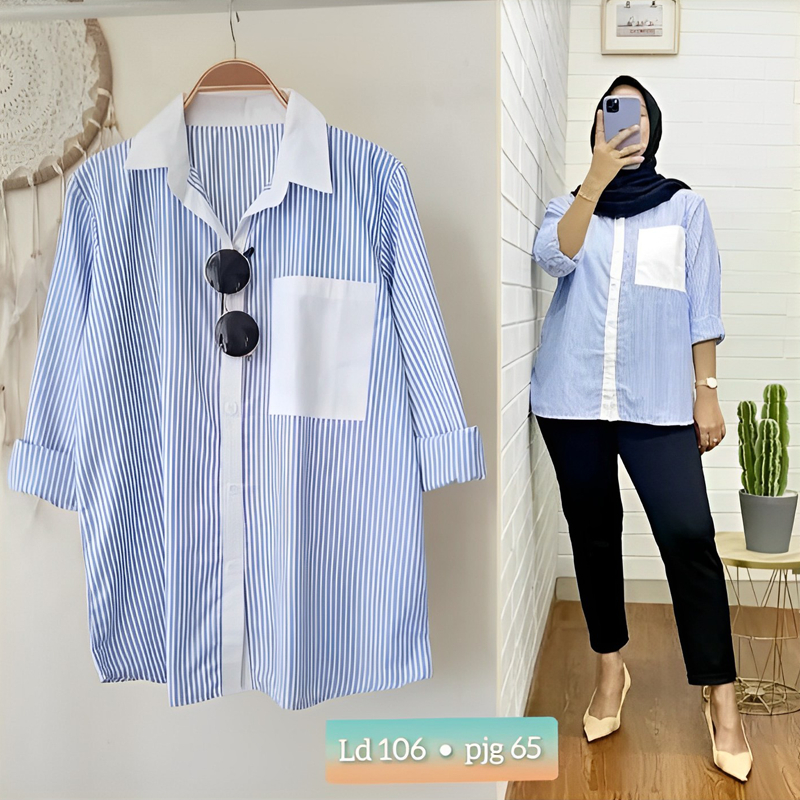 Jual RMDN - Mariska Kemeja Top Basic Atasan Wanita Stripe Salur Korean Style Casual Oversize ...