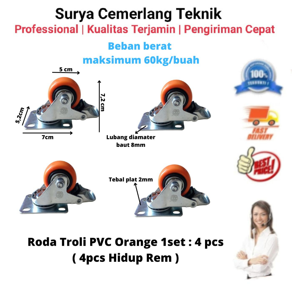Jual Roda PU PVC Troli Troly Caster orange 2 inch 1 set : 4pcs ( 4 ...