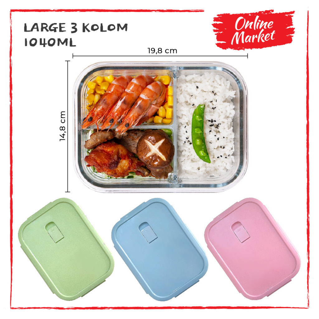 Jual [3 KOLOM 1040ml] Lunch Box Kaca Tahan Panas - Kotak Makanan Kaca ...
