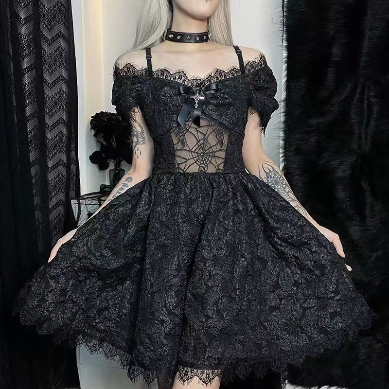 Jual CHUNGLO Y2K Fairy Grunge Gothic Lace Pattern Mini Dress for Woman ...