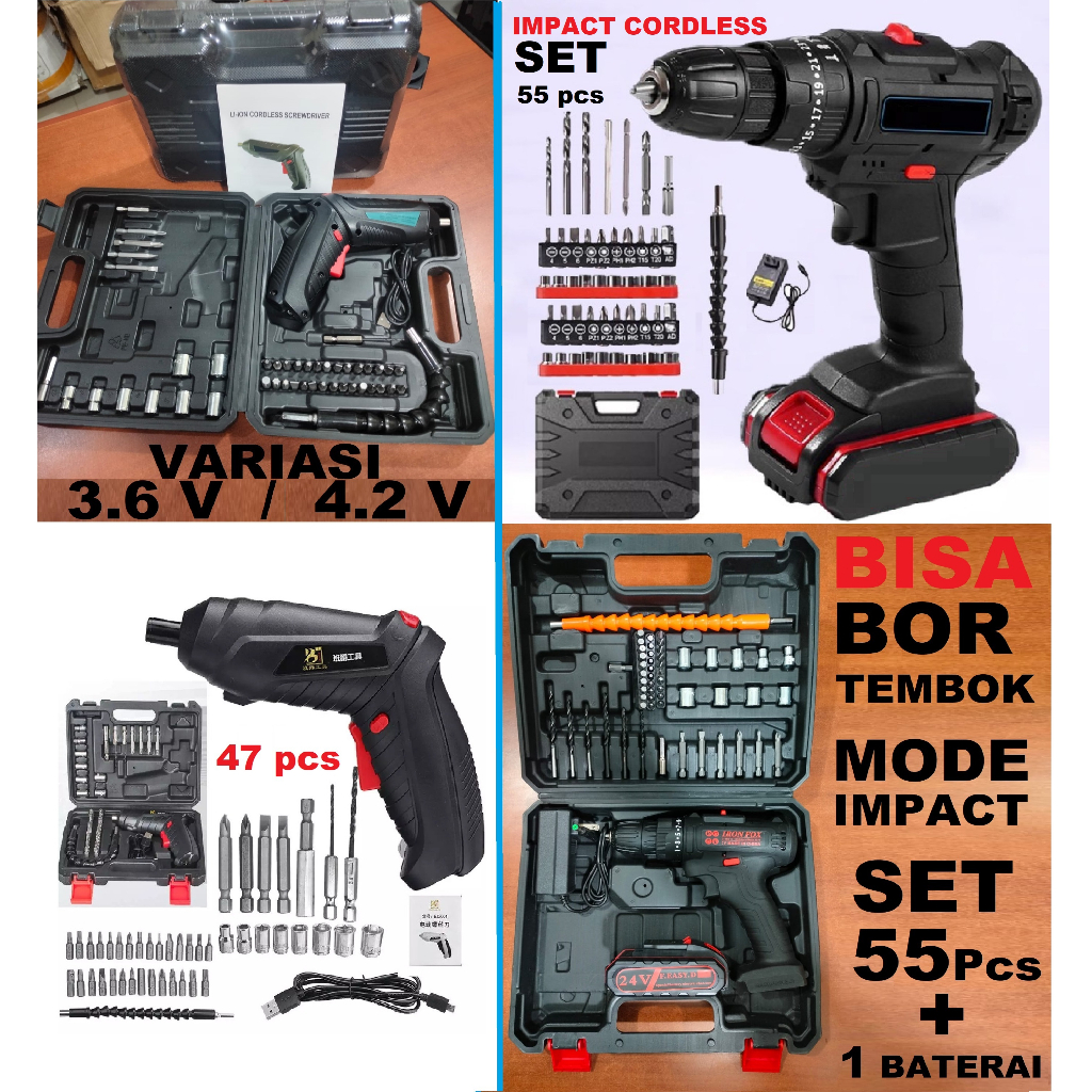 Jual Mesin Bor Set 47 Obeng Elektrik Cordless Screwdriver Recharger