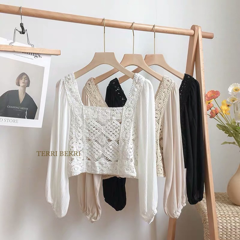 Jual Ha-Na Lace Blouse Korean Style Bordir Floral Polkadot Top Rajut Knit mix Katun Premium ...