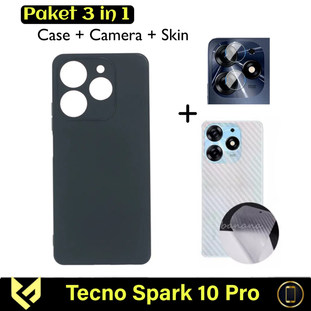 Jual PROMO Paket 3IN1 Case Black For TECNO SPARK 10 PRO SoftCase ...