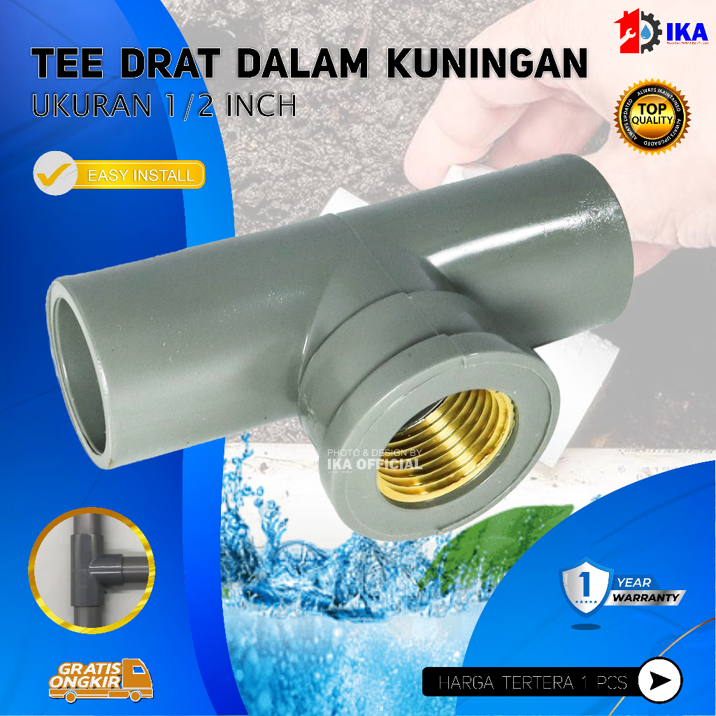 Jual TDD KUNINGAN AW 1/2" FITTING PVC / TEE DRAT DALAM / FAUCET TEE WITH METAL INSERT Tee pvc ...