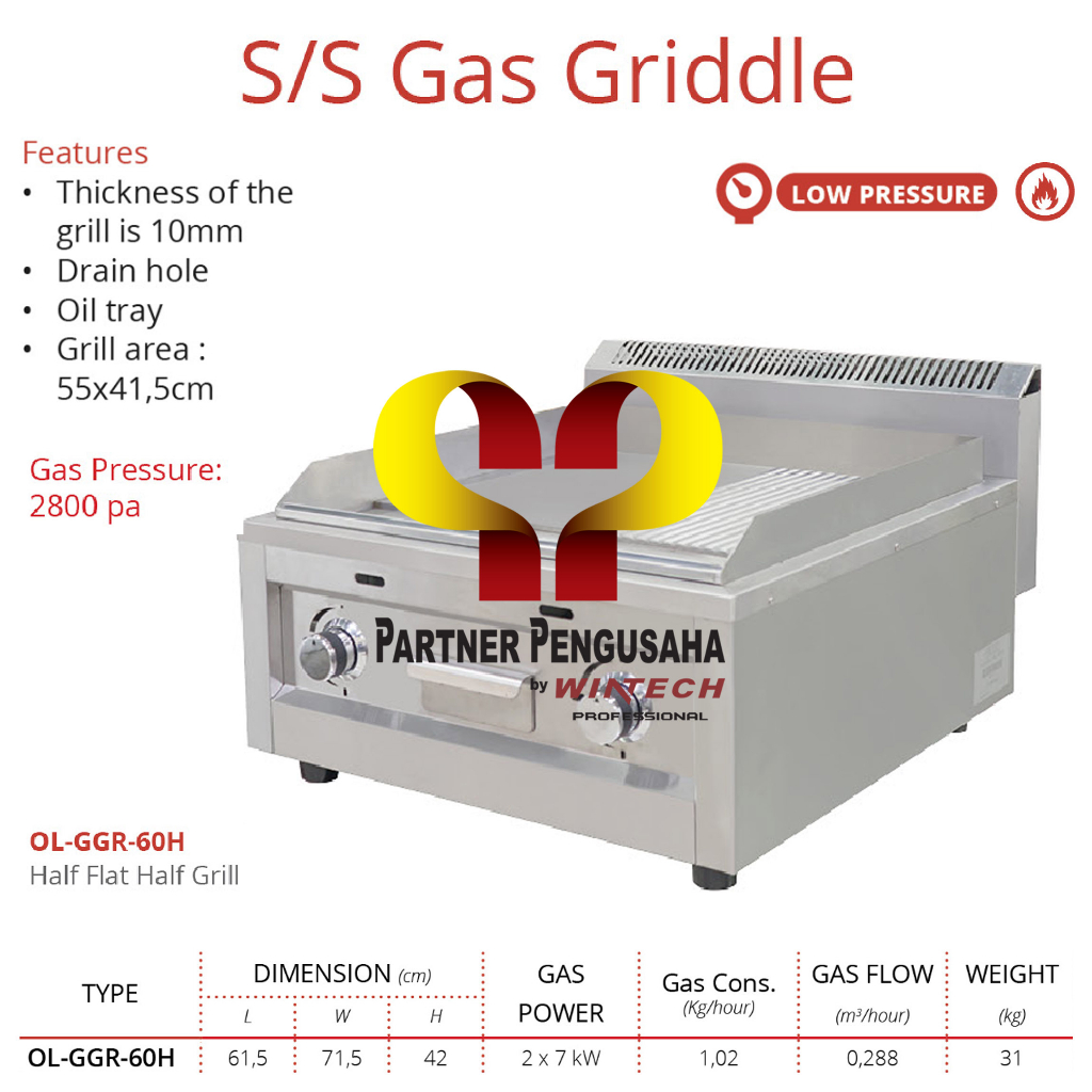 Jual Getra OL-GGR-60H Countertop Gas Half Grooved Griddle Mesin ...