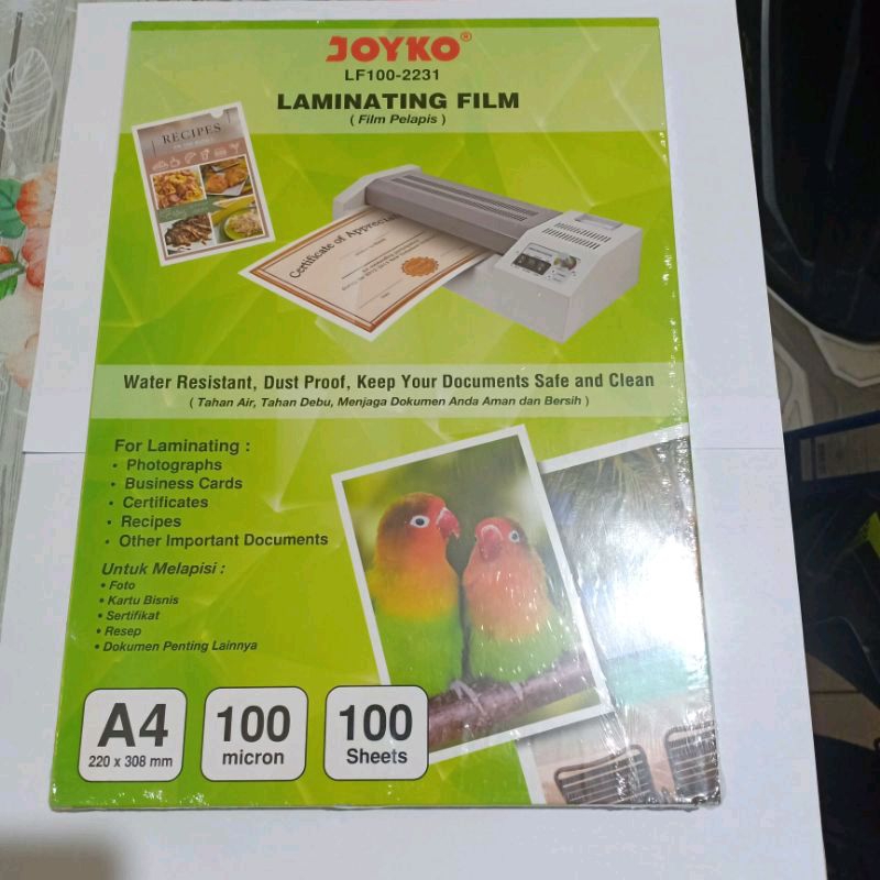 Jual ( Isi 10 Lembar ) Plastik Laminating Film A4 100 Micron JOYKO LF100-2231 | Shopee Indonesia