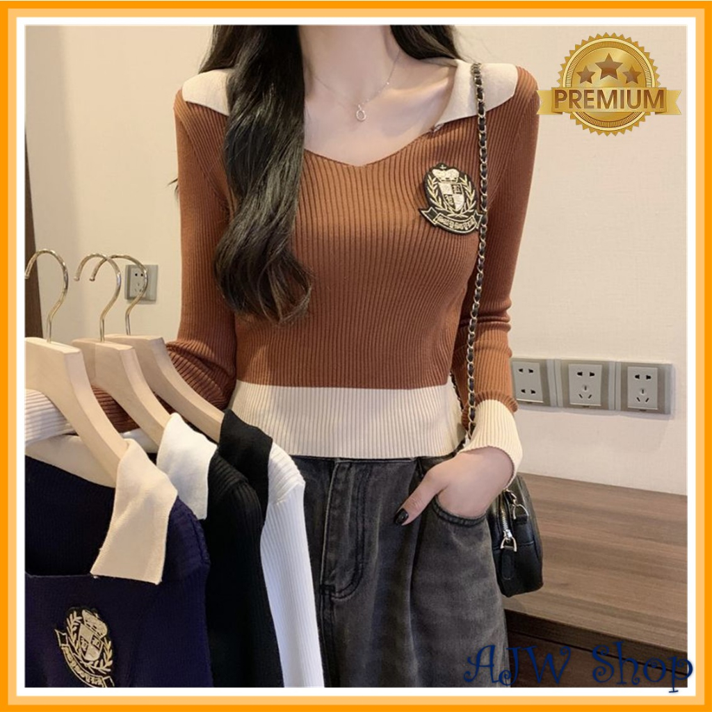 Jual AJW Atasan Crop Top Lengan Panjang Vintage Rajut Premium Import Qi | Crop Top Lengan ...