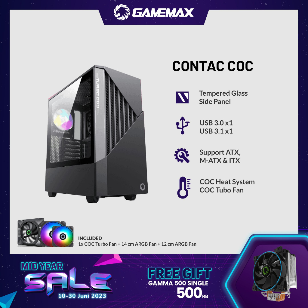 Jual GameMax Contac COC Black Grey E-ATX Gaming PC Case With COC Fan ...