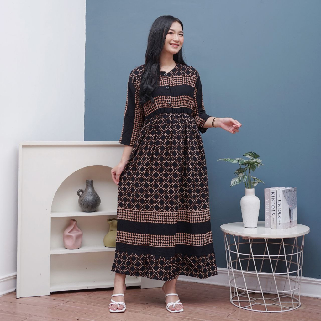 Jual Daster Midi Dress Lengan Panjang Kekinian Kerut Dada Busui Rayon ...