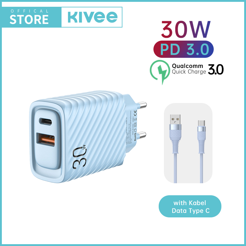 Jual (HOT) KIVEE Charger Type C Fast Charging 30w & kabel data Type C set KV-AC107 Quick 4.0 ...