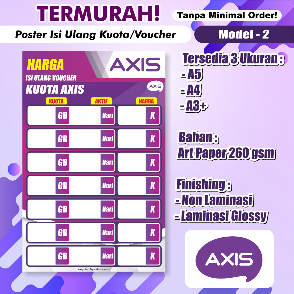 Jual Poster Konter Daftar Harga Paket Data / Voucher /poster paket data ...