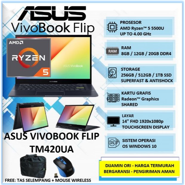 Jual Asus Vivobook 14 TM420UA Ryzen 5 5500U Ram 8GB 12GB 20GB SSD 256GB 512GB 1TB 14" FHD ...