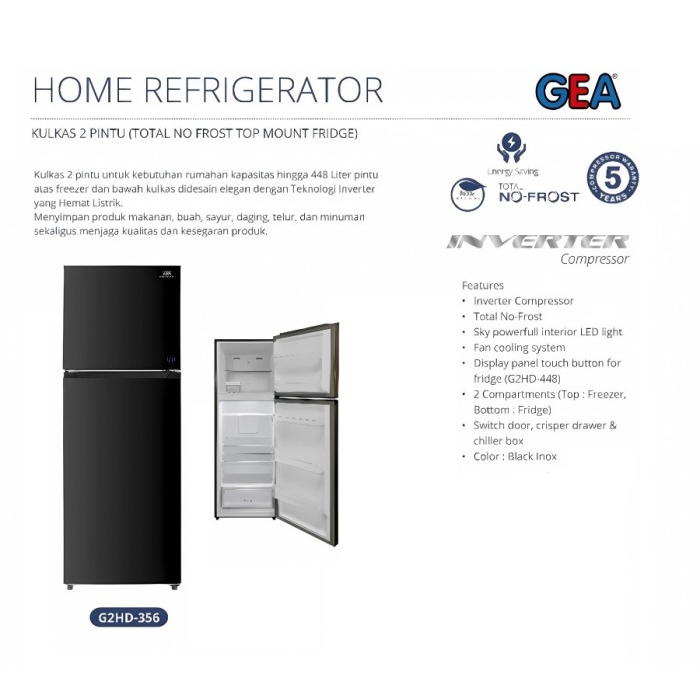Jual GEA Kulkas 2 Pintu Inverter G2HD 356 | Refrigerator 2 Door G2HD356 ...
