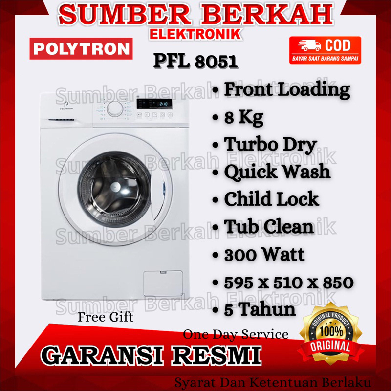 Jual MESIN CUCI 1 TABUNG POLYTRON 8 KG 300 watt FRONT LOADING PFL-8051 ...