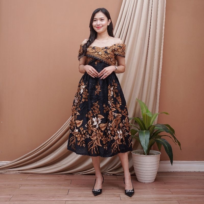 Jual dress pesta sabrina -ready stok dres batik pesta - dress pesta terbaru - dress kekinian ...