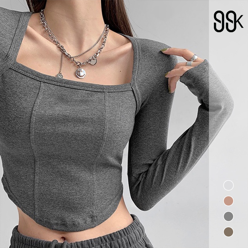 Jual [Premium] Square Neck Long Sleeve Crop Top 7307 (S/M/L) | Shopee ...