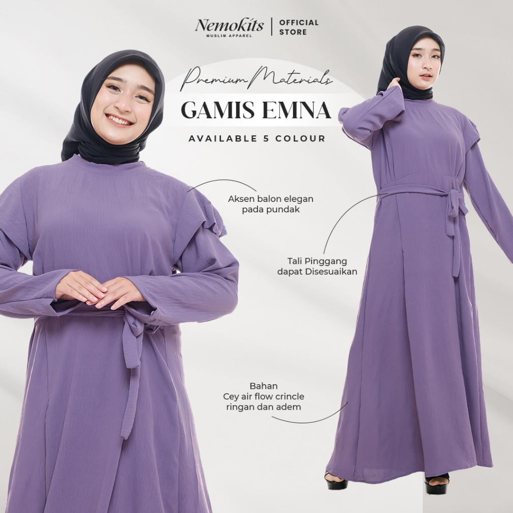 Jual Emna Gamis Polos Pundak Balon Bahan Crinkle Maxi Dress Pakaian ...