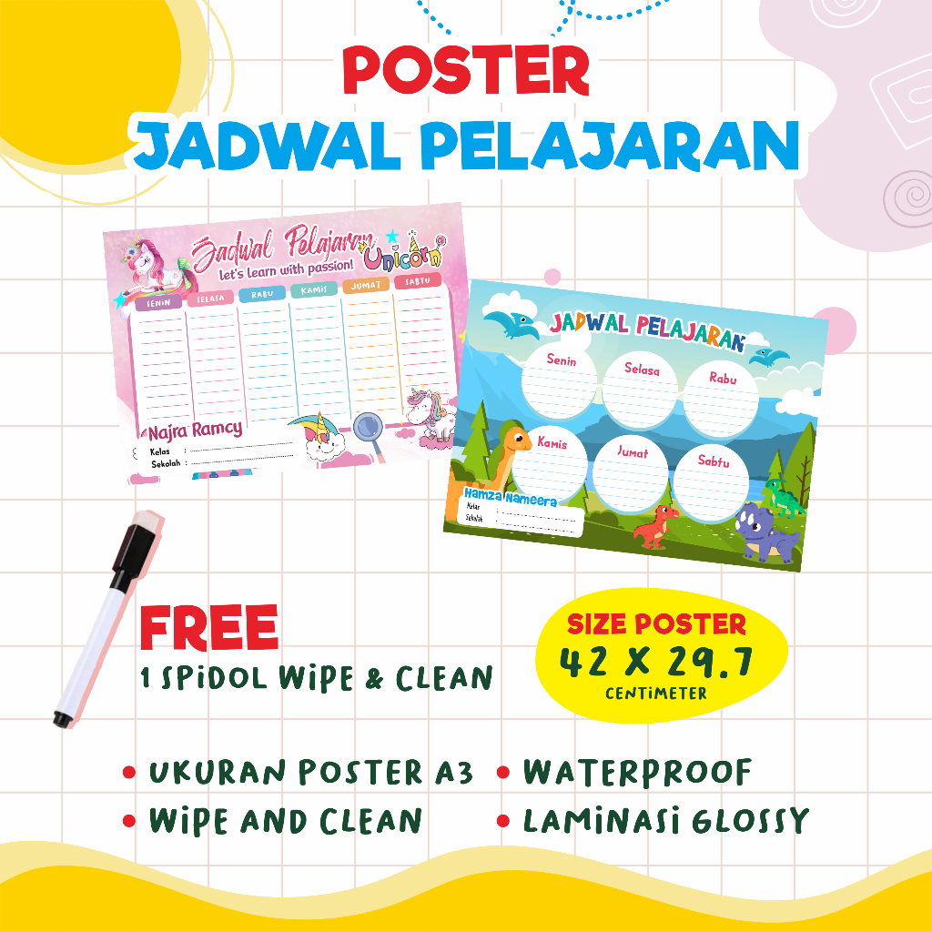 Jual POSTER JADWAL PELAJARAN CUSTOM NAMA / TIMETABLE WIPE AND CLEAN ...