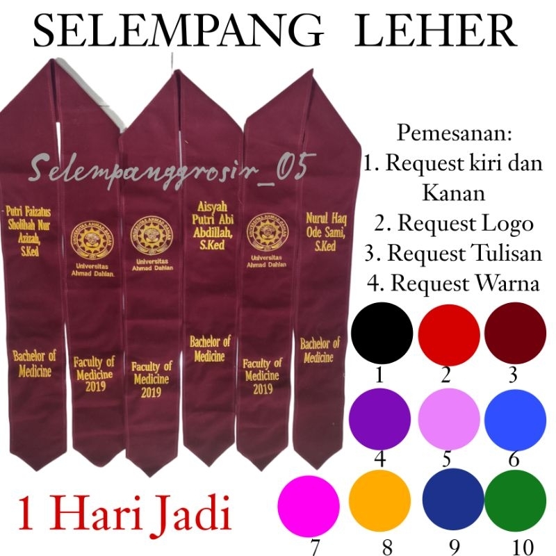 Jual (1 HARI JADI) SELEMPANG LEHER KALUNG WISUDA INCLUDE LOGO BORDIR KOMPUTER | Shopee Indonesia