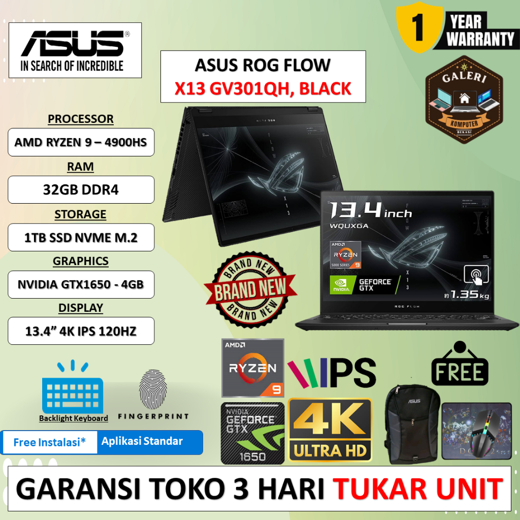 Jual LAPTOP GAMING SLIM ASUS ROG FLOW X13 GV301QH AMD RYZEN 9 5900HS 32GB 1TB SSD GTX1650-4GB ...