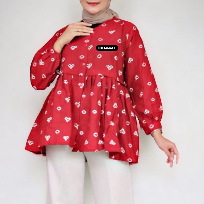 Jual Blouse Batik Wanita Modern Kekinian Terbaru Warna Merah Lengan ...