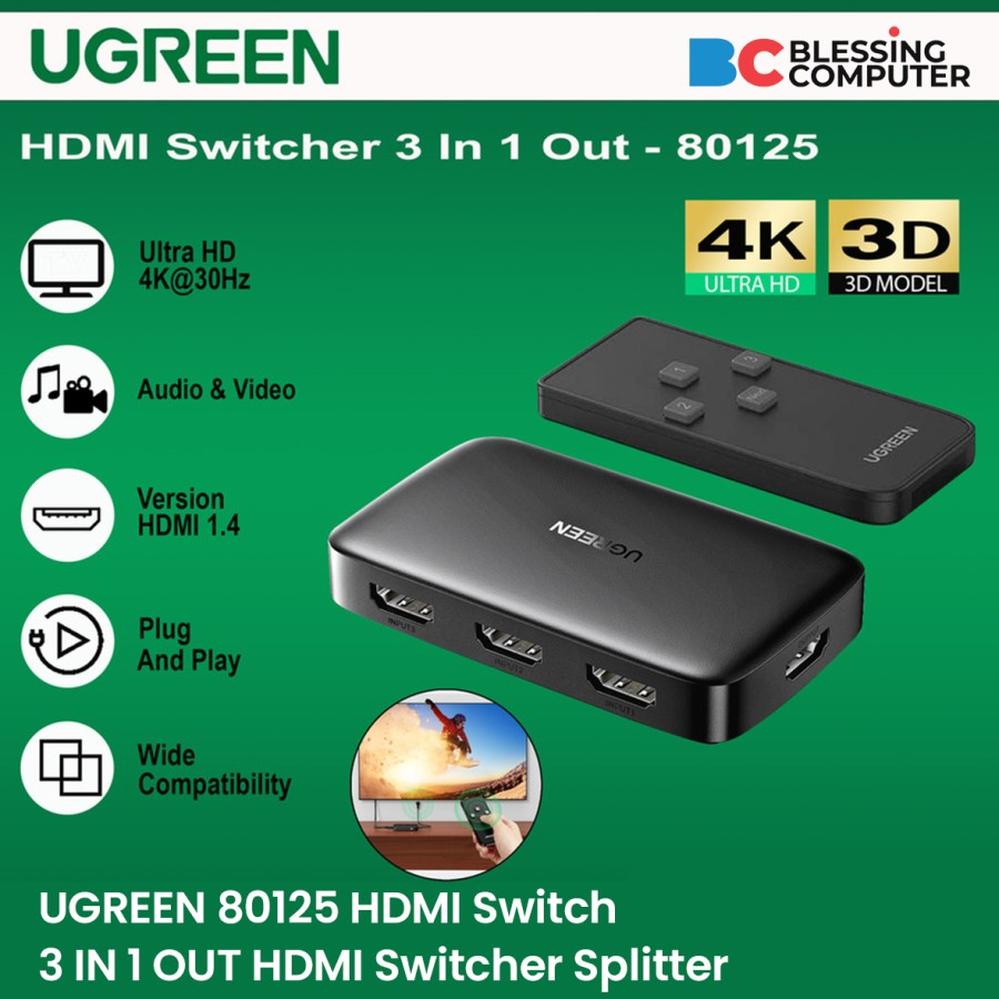 Jual UGREEN 80125 HDMI Switch 3 IN 1 OUT HDMI Switcher Splitter | Shopee Indonesia