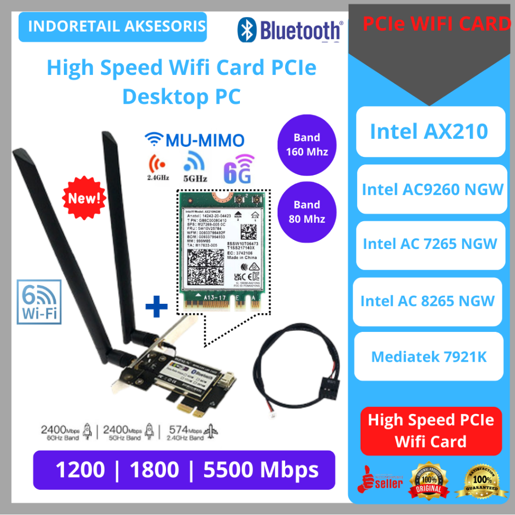 Jual PCIe Wifi Card NGFF Intel AC8265 AC7265 MT7921K AX210 AC9260 Dual ...