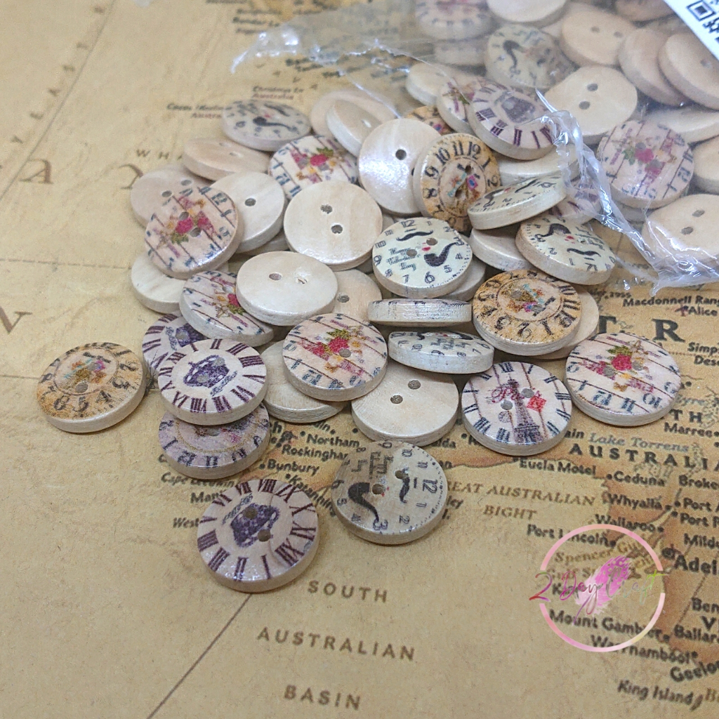 Jual 1 Gros Kancing Kayu natural motif Jam Vintage - Kancing kancing ...