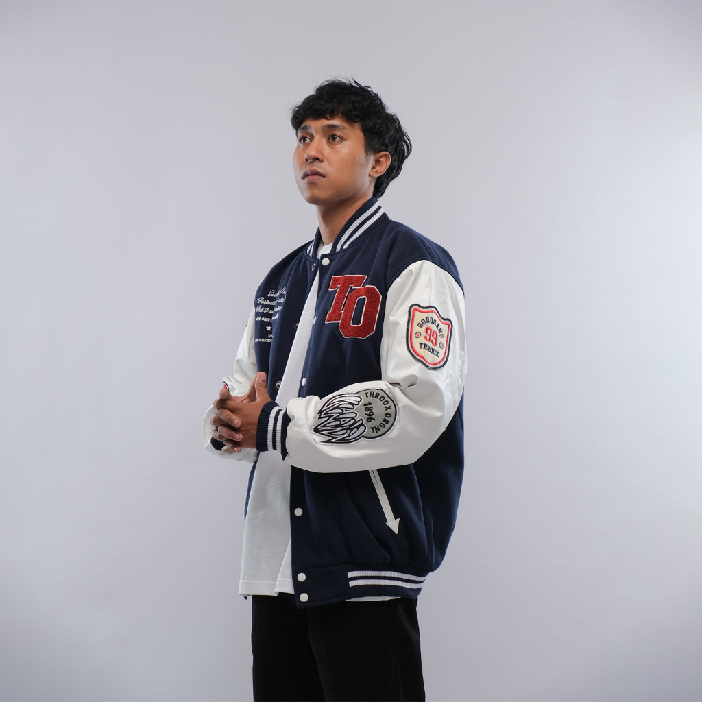 Jual Throox Bomber Varsity Jacket Biru || THRX Hannibal Navy | Shopee ...