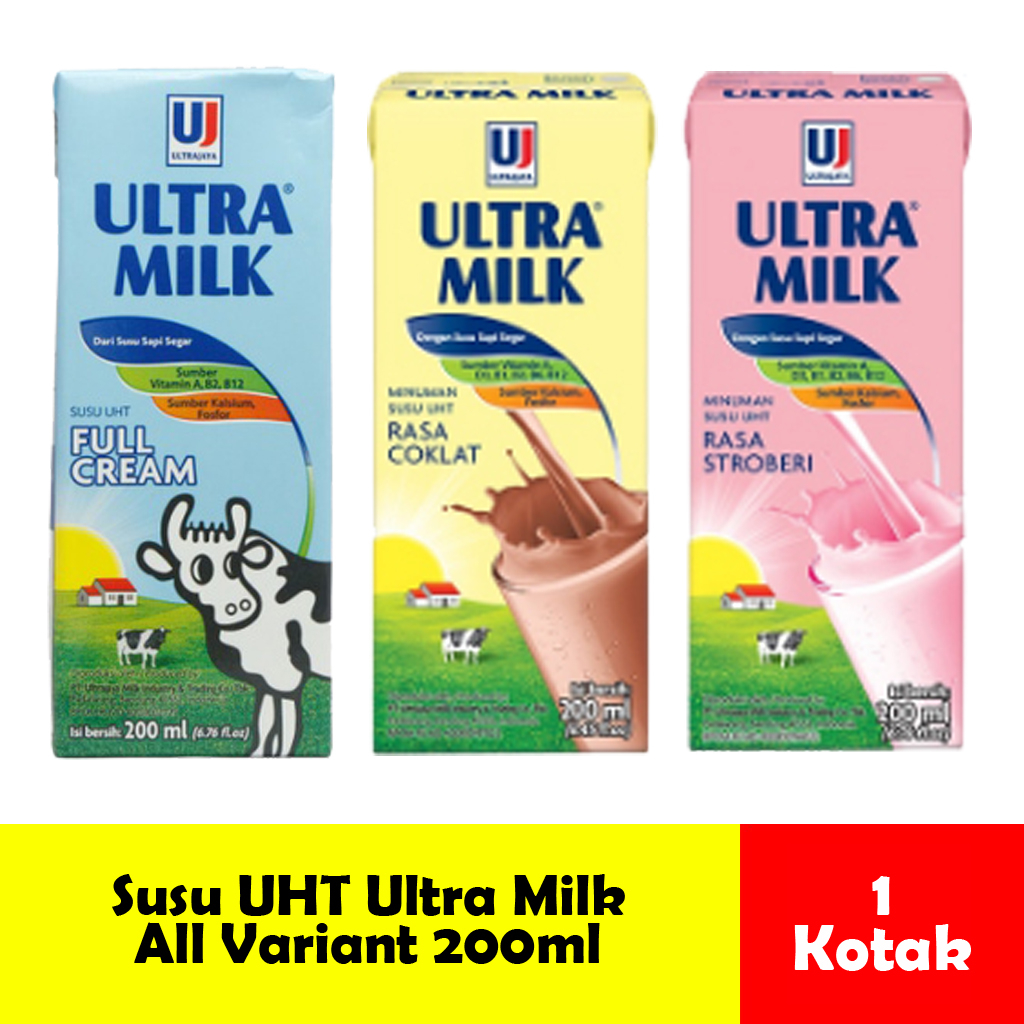 Jual ULTRA MILK SUSU CAIR UHT STERIL RASA COKLAT / FULL CREAM / STRAWBERRY 200ML | Shopee Indonesia